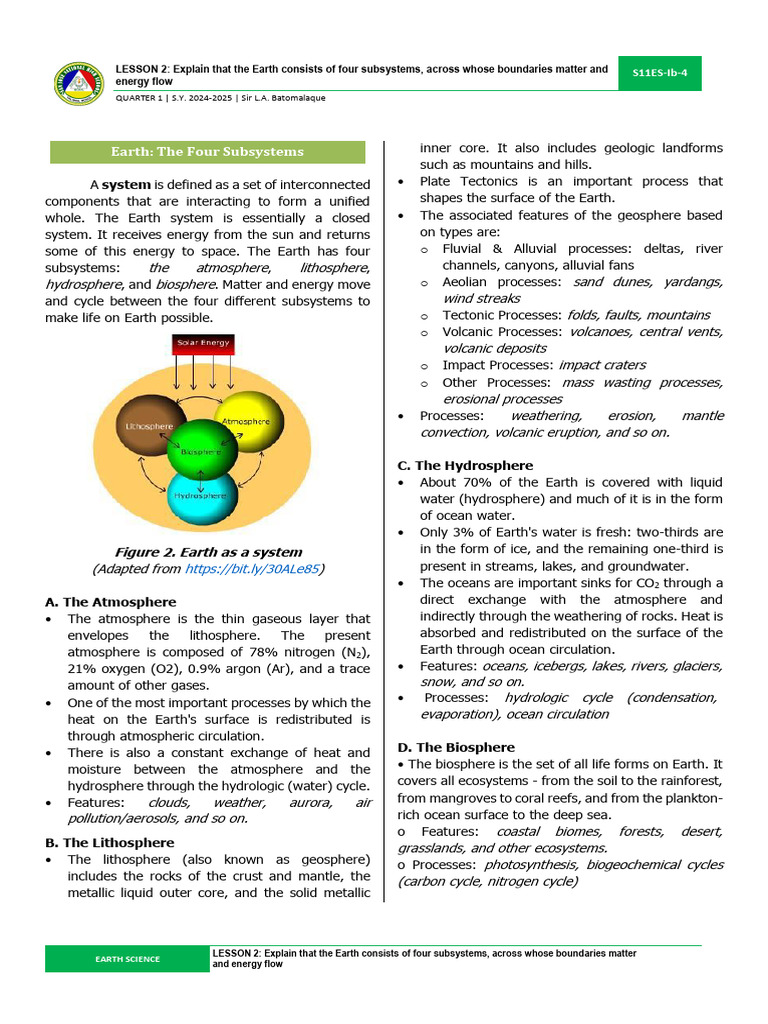 LESSON 2 - Explain That The Earth Consists of Four Subsystems, Across ...