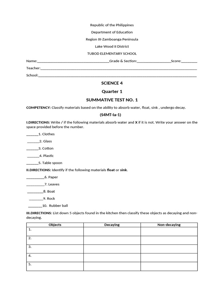 Summative Test Science Q1 WK1-2 Gretylle | PDF