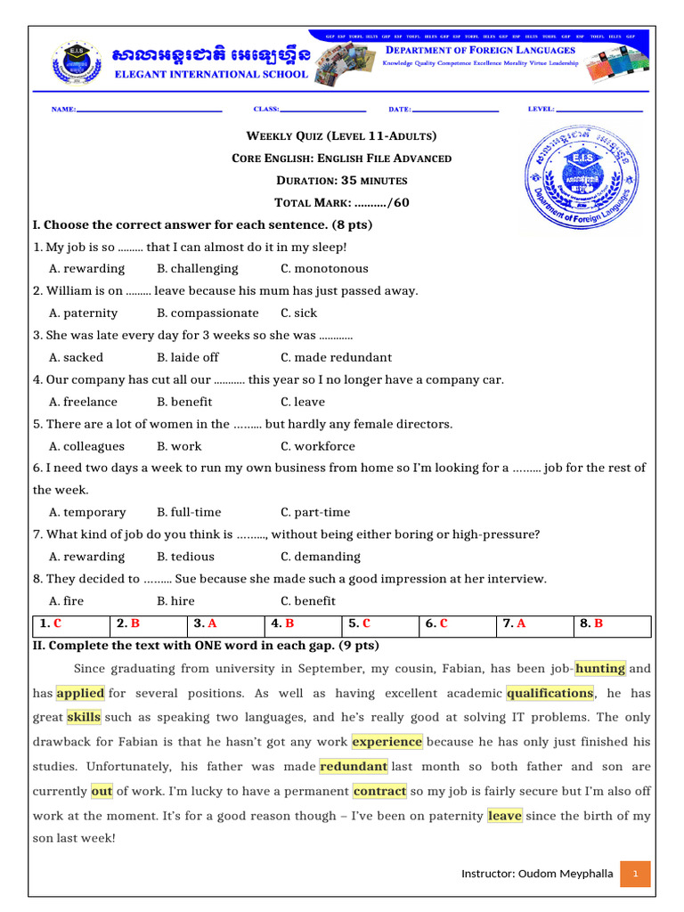 Weekly Quiz-Lv11-Unit-1B | PDF