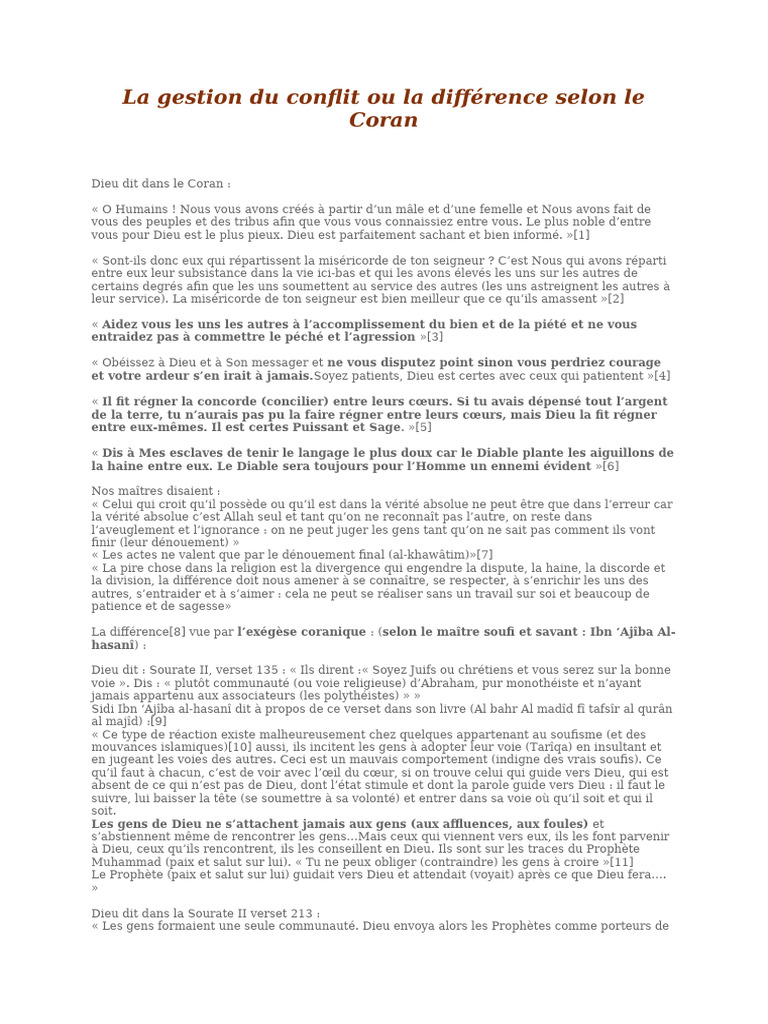 La Gestion Du Conflit Ou La Différence Selon Le Coran | PDF