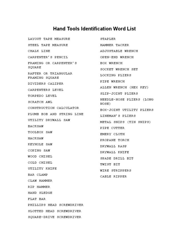 Hand Tools Identification Word List | PDF