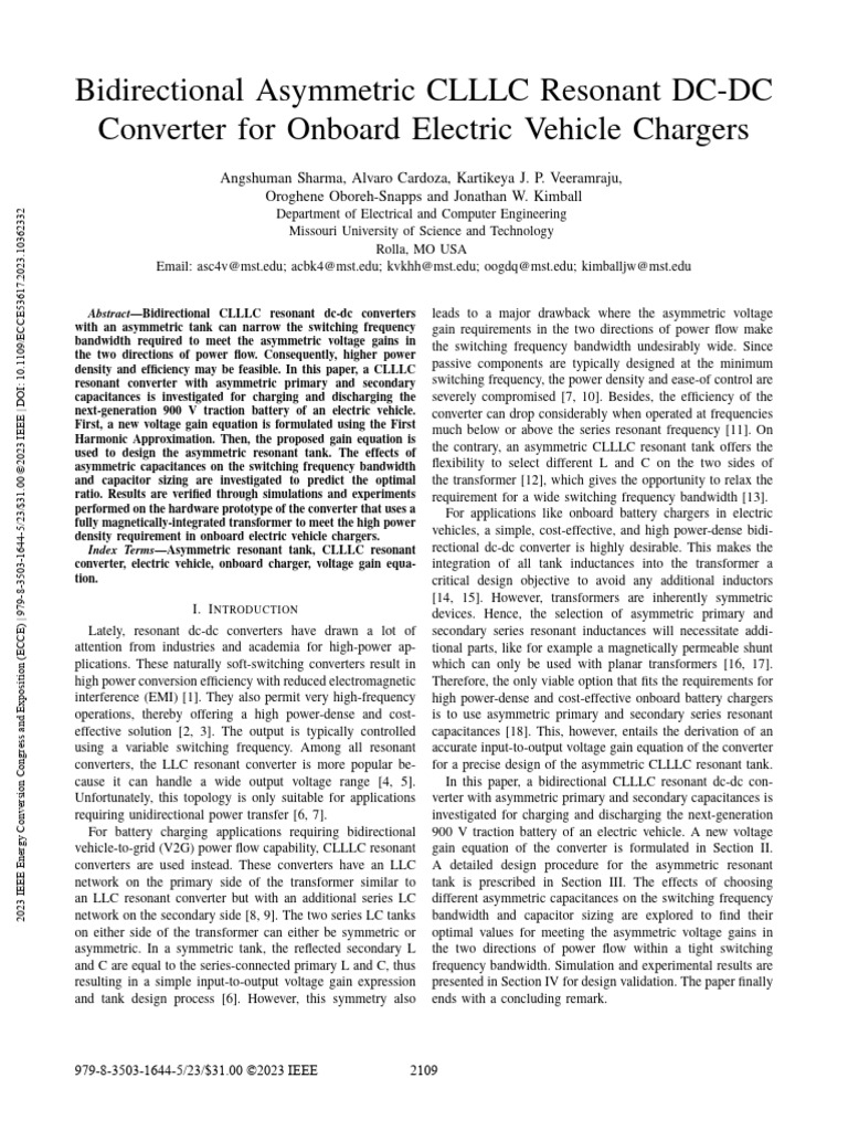 Bidirectional Asymmetric CLLLC Resonant DC-DC Converter For Onboard Electric Vehicle Chargers | PDF