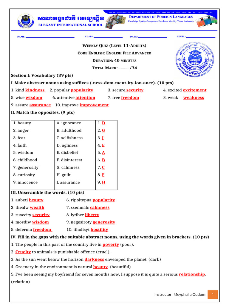 Weekly Quiz-Lv11-Unit-2A-1 | PDF