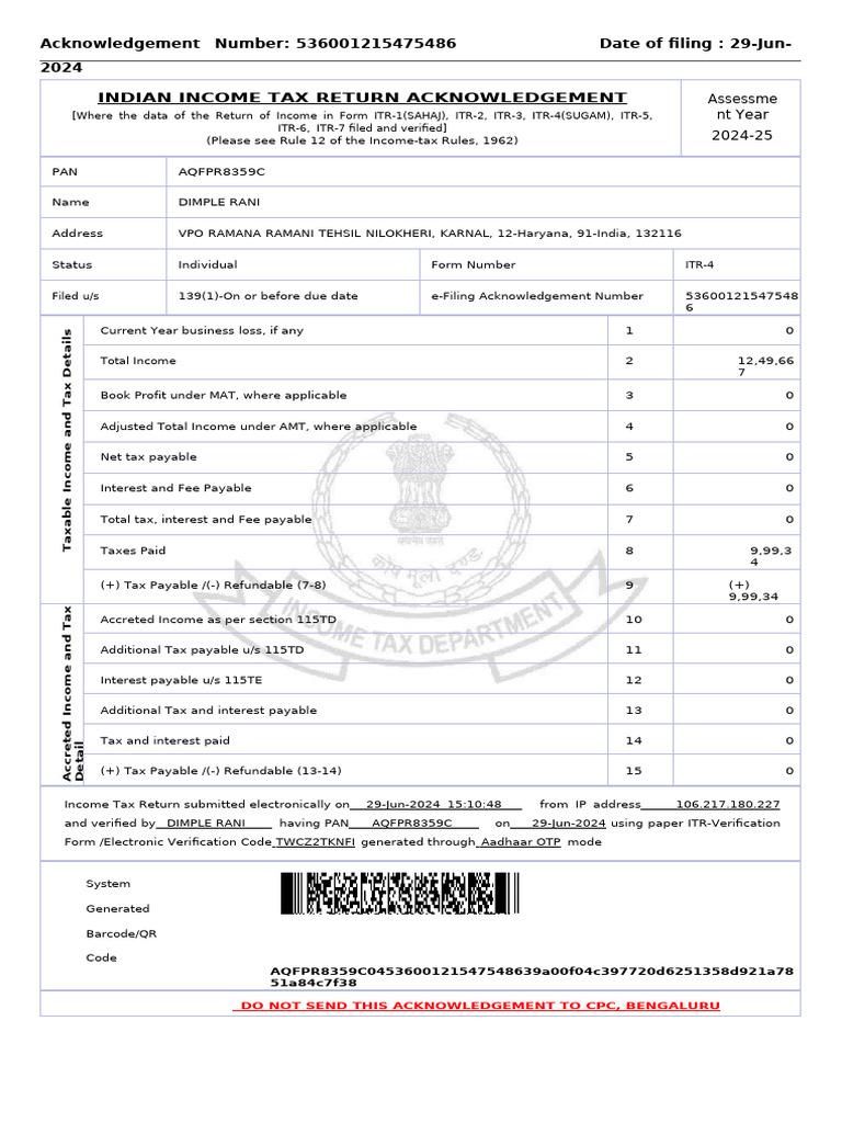 Dimple Rani - ITR - 24-25 | PDF