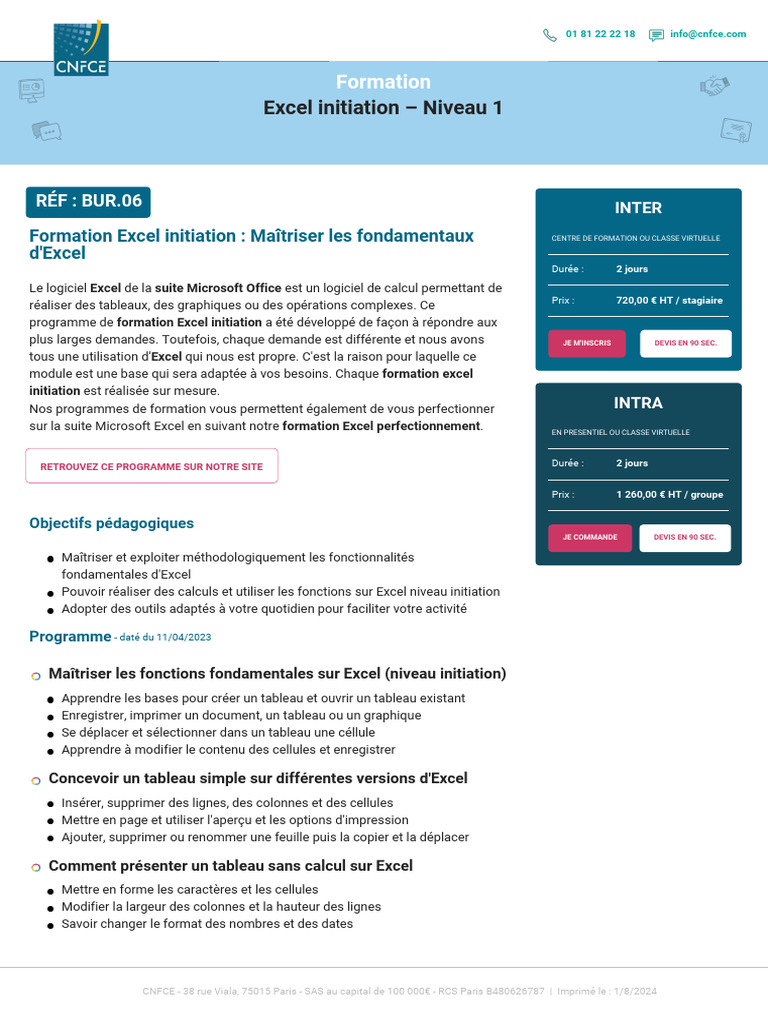 CNFCE Excel Initiation 8211 Niveau 1 | PDF