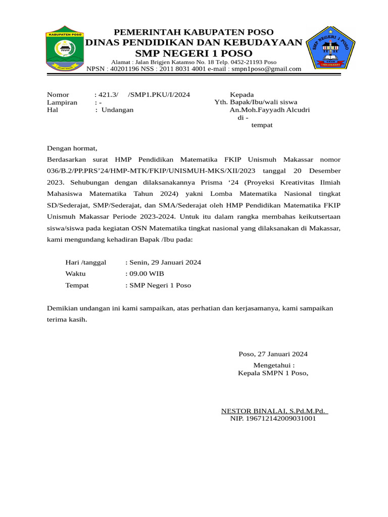 Undangan Ortu Siswa Prestasi Fix | PDF