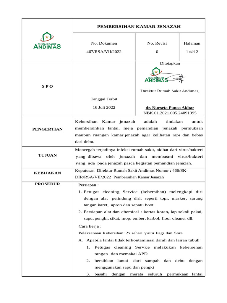 Spo Pembersihan Kamar Jenazah | PDF