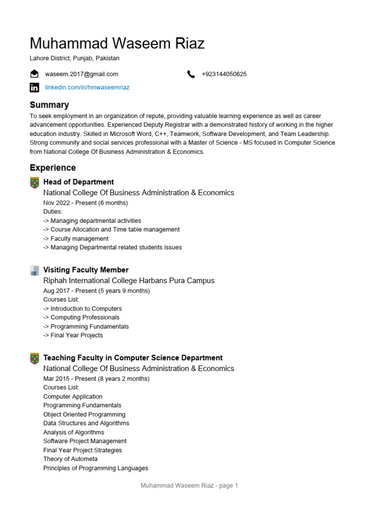 Resume Muhammad Waseem Riaz | PDF