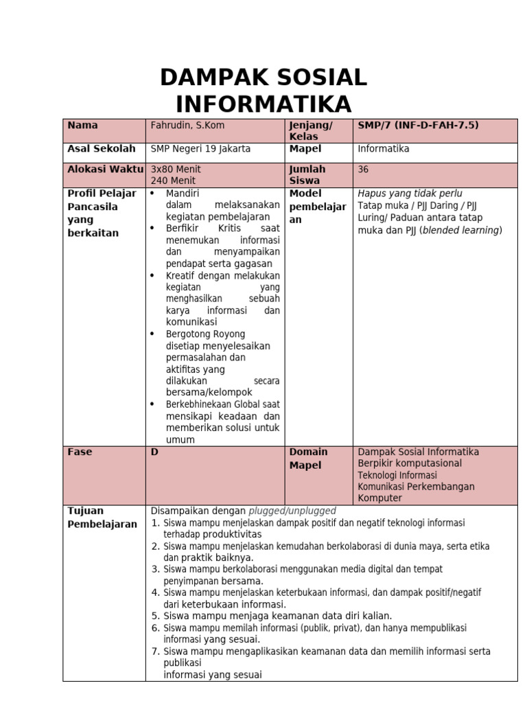 Modul Ajar Informatika - Dampak Sosial Informatika - Fase D | PDF