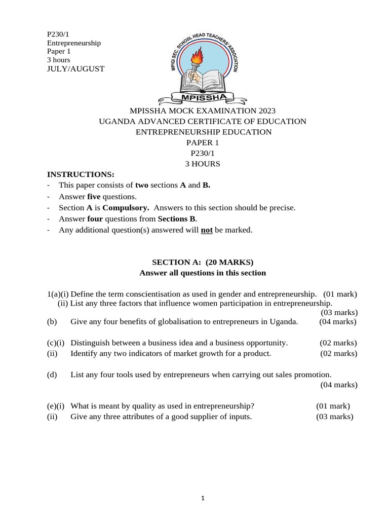 A Level Ent 1 Mpissha 2023 | PDF