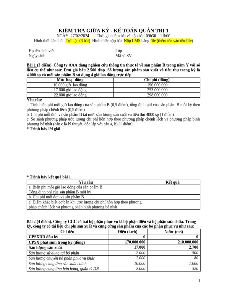 Kiem Tra Giua Ky - Ke Toan Quan Tri 1 - S 270224 | PDF