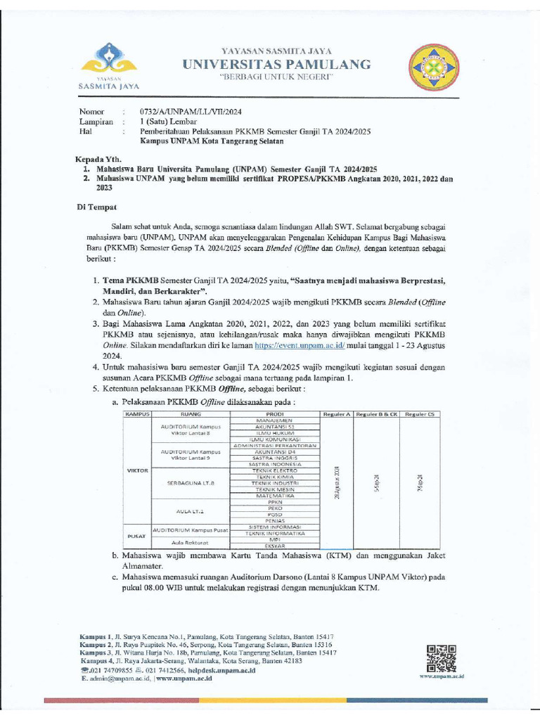 Pemberitahuan Pelaksanaan PKKMB Ganjil TA 2024 2025 Kampus UNPAM | PDF
