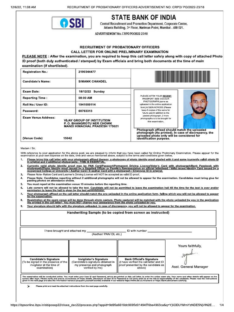 Sbi Po Admit Card | PDF