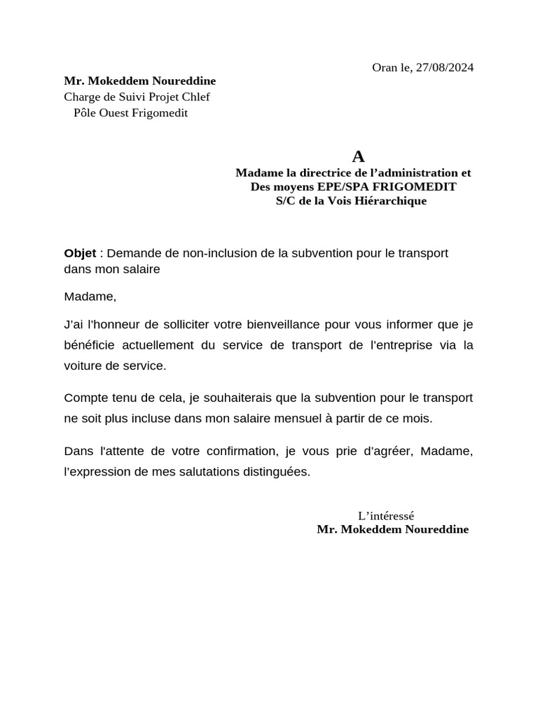 Demande ANNULATION LA Prime de Transports | PDF