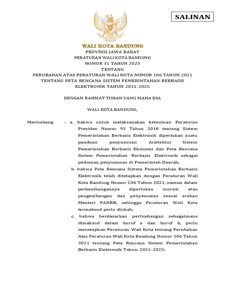 Perwal 31 Tahun 2023 Perubahan 106 Tahun 2021 Tentang Peta Rencana SPBE ...