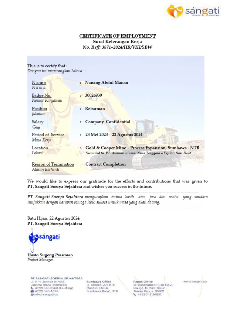 CERTIFICATE OF EMPLOYMENT - AMNT - Process Expansion - Nanang Abdul Manan | PDF