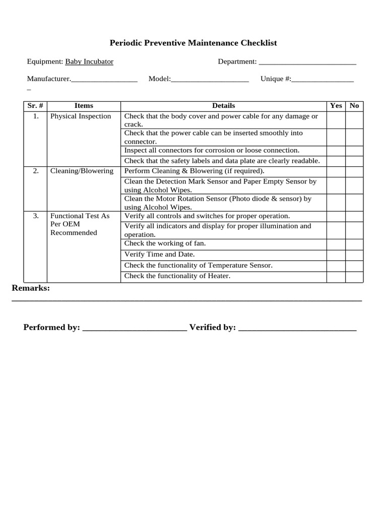 Baby Incubator PPM Checklist | PDF