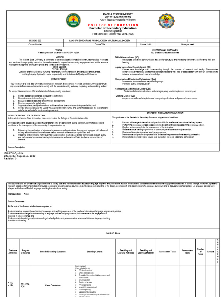 Syll Language Programs and Policies 1 | PDF | Teachers | Multilingualism