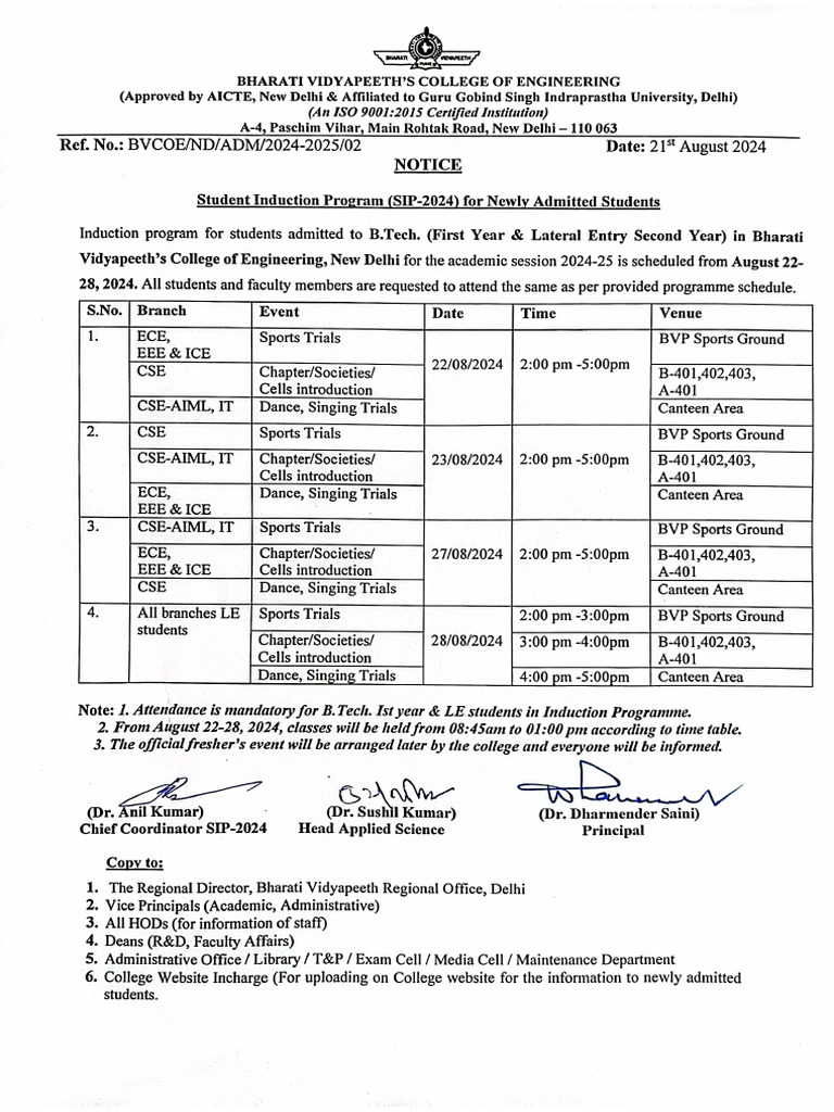 Updated Notice & Schedule - Student Induction Program 2024 | PDF