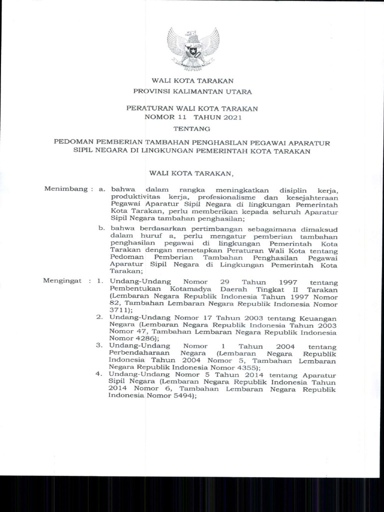 Kota Tarakan - 11 - 2021 TTG Pedoman Pemberian TPP Asn Dilingkungan Pemkot Tarakan | PDF