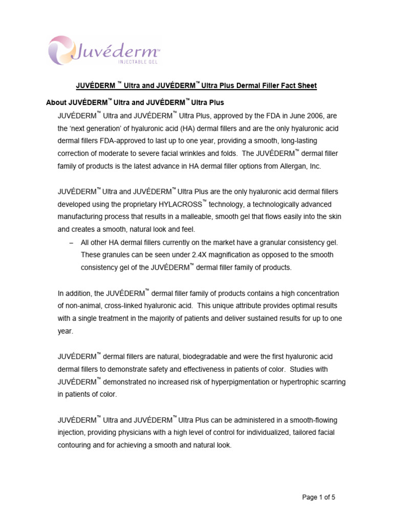 Juvederm Ultra and Plus Fact Sheet | PDF | Botulinum Toxin | Wellness