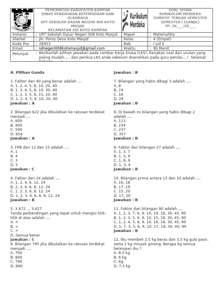 Soal MTK Kumer Kls 4 SMT 1 | PDF