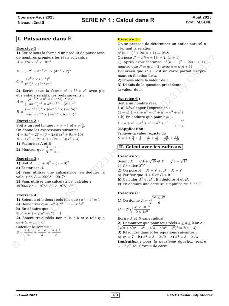 Serie-1-Calcul Dans R-Cours de Vacs 2023-By CSMS7-1 | PDF
