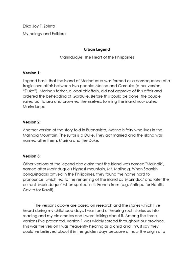 Marinduque Urban Legend - Zoleta, Erika Joy F | PDF | Philippines | Travel