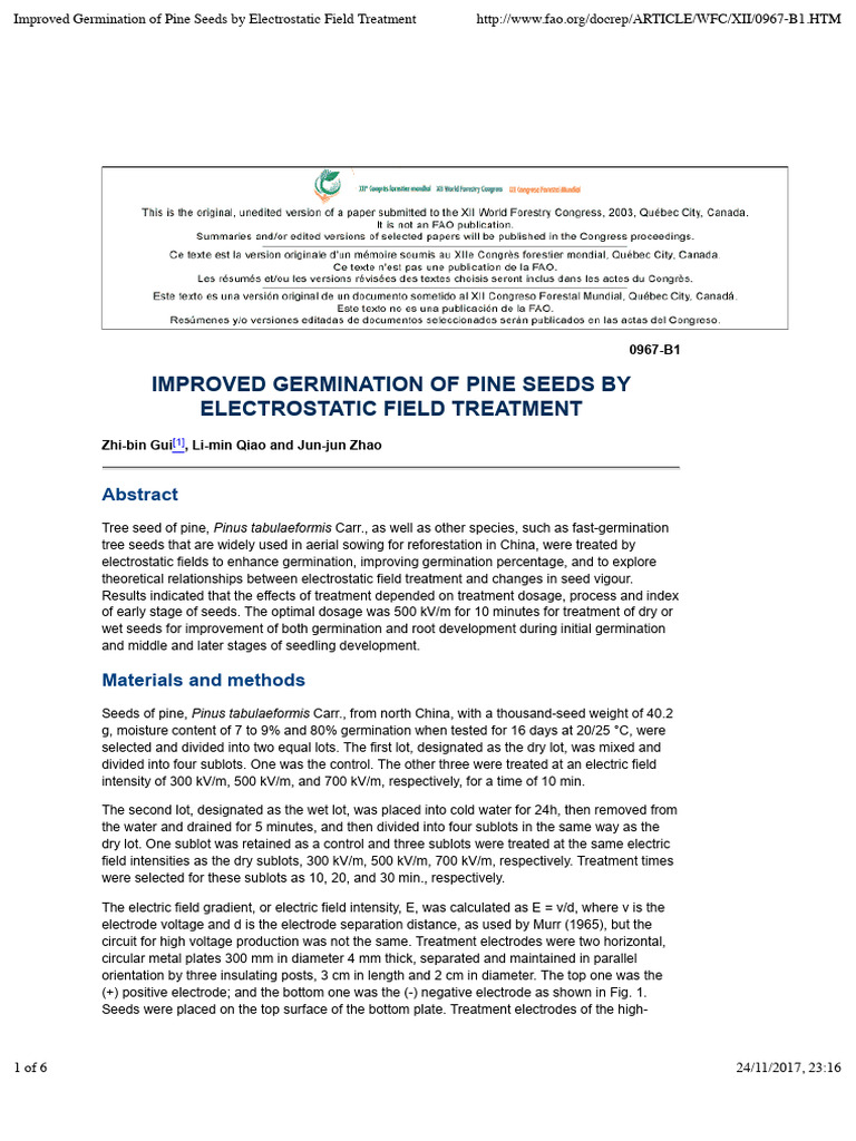 Improved Germination of Pine Seeds by Electrostatic Field Treatment ...