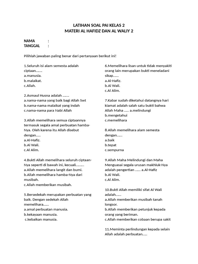 Latihan Soal Pai Kelas 2 - Al Hafiz Al Waliy 2 | PDF