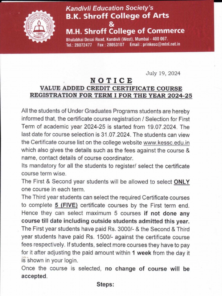 Certificate Course Notice 2024-25 | PDF