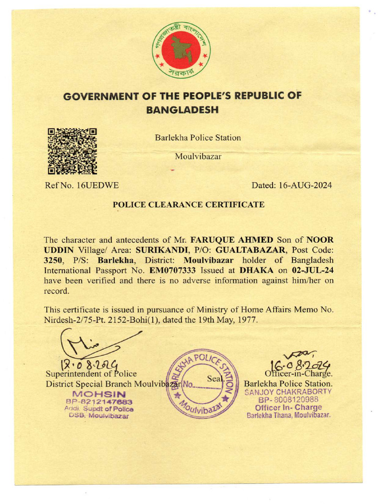 Police Clearance Certificate Faruque Ahmed | PDF