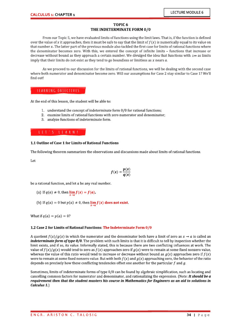 Module 6 The Indeterminate Form 0 Over 0 | PDF