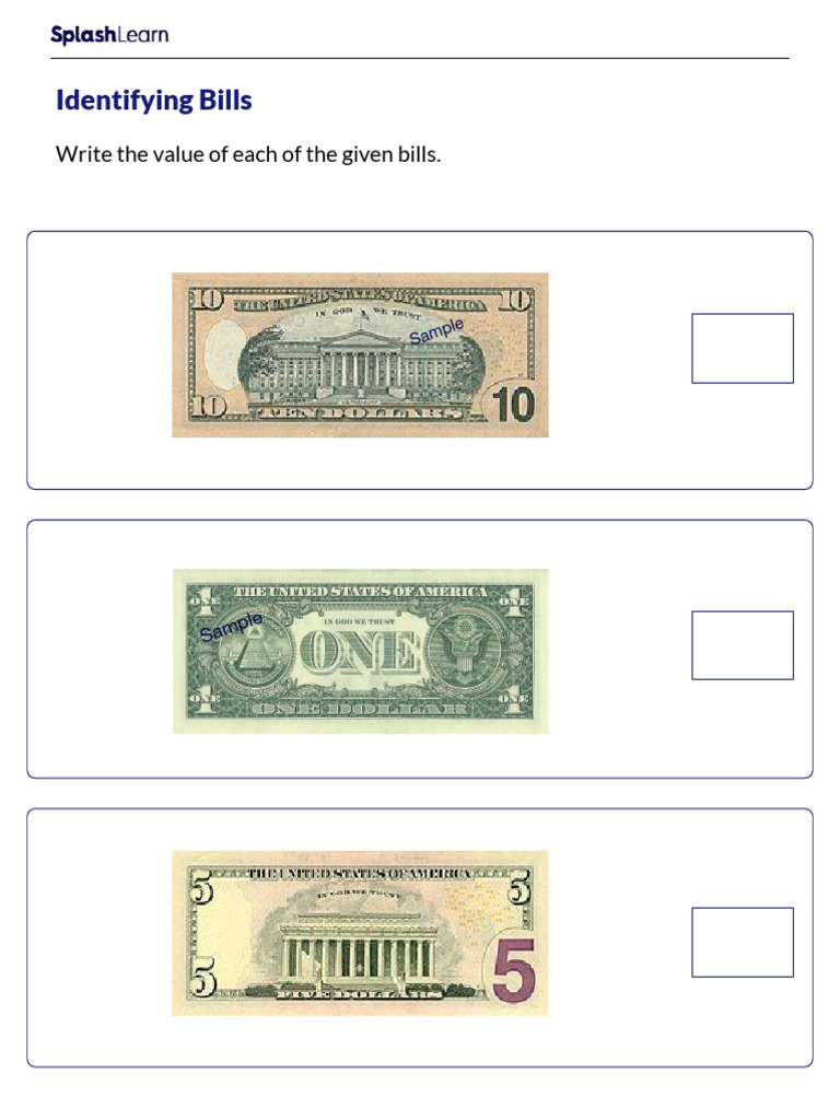 Write Values of Bills Worksheet | PDF