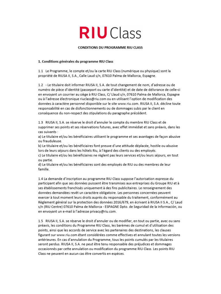 Conditions du Programme RIU Class | PDF