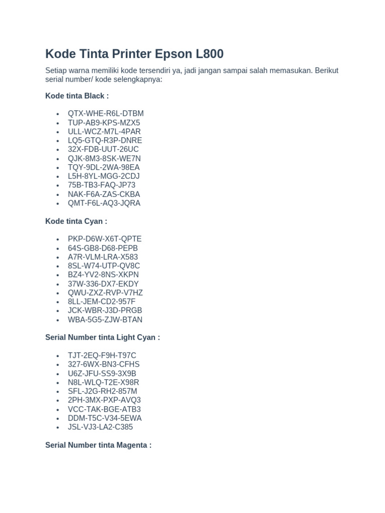 Kode Tinta Printer Epson L800 | PDF