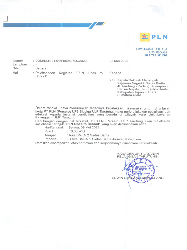 Surat PLN Goes To School SMKN 2 Siatas Barita | PDF