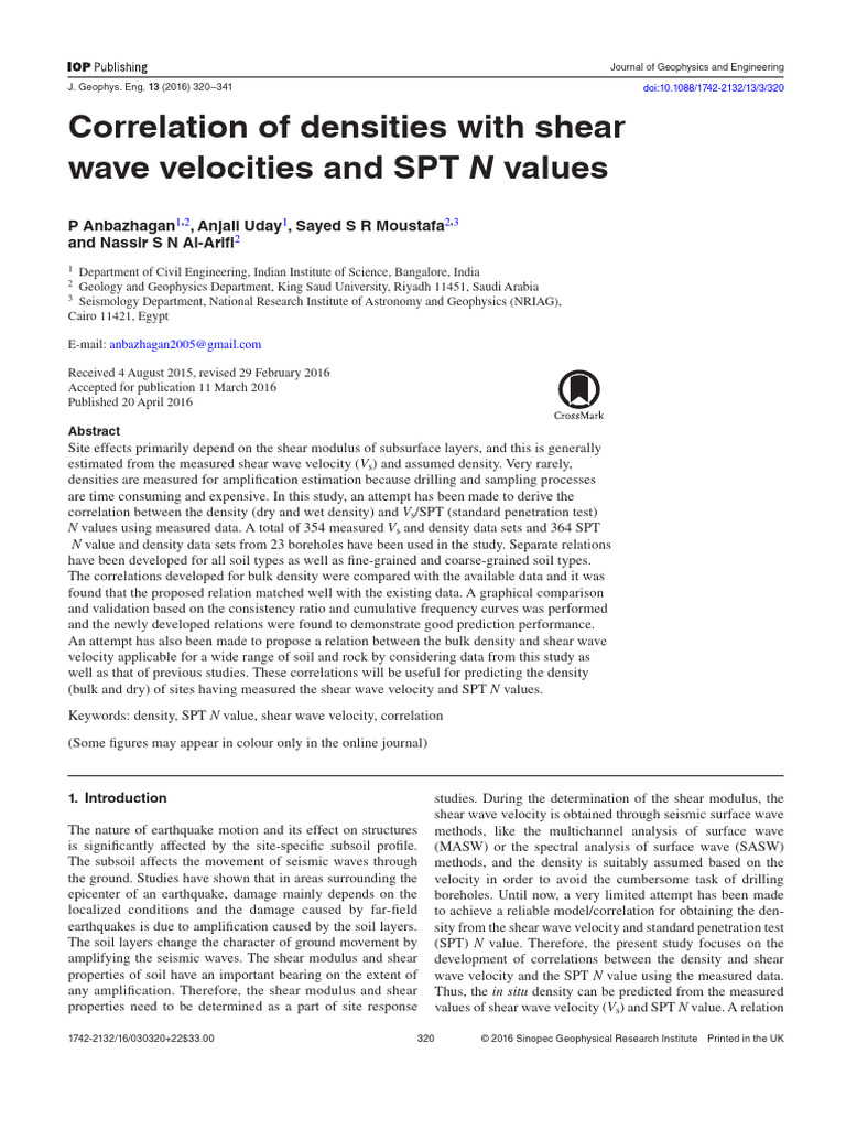 Correlation of Densities With Shear Wave Velocities and NSPT Values | PDF | Silt | Science ...