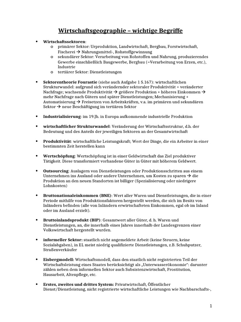 AB - Wirtschaftsgeographie - Wichtige Begriffe | PDF