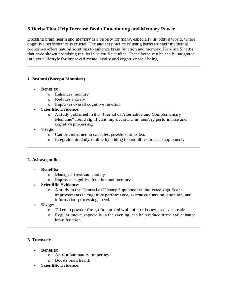 5 Herbs That Help Increase Brain Functioning and Memory Power | PDF