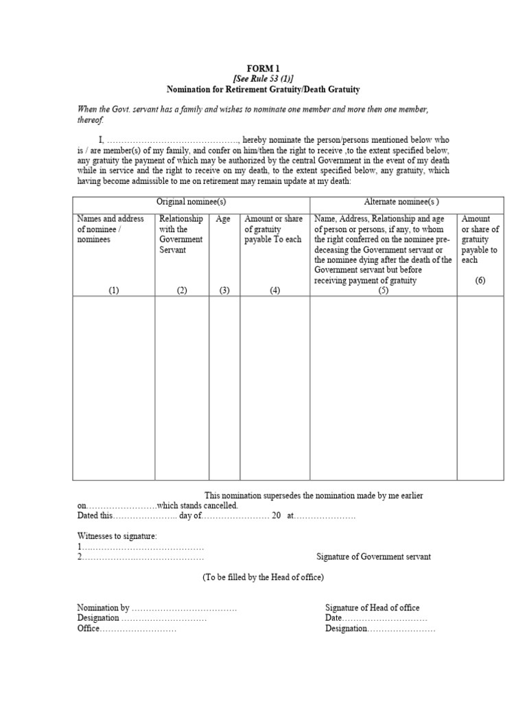 Form 1 - Nomination For Retirement Gratuity-Death Gratuity | PDF
