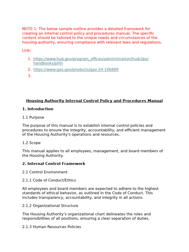 Sample Outline - Housing Authority Internal Control Policy and ...