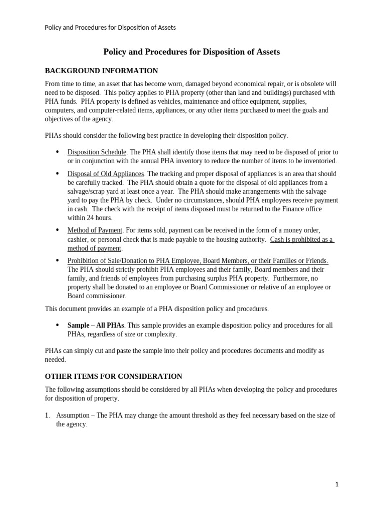 Financial Management PHAs Resource 02 Disposition of Assets | PDF