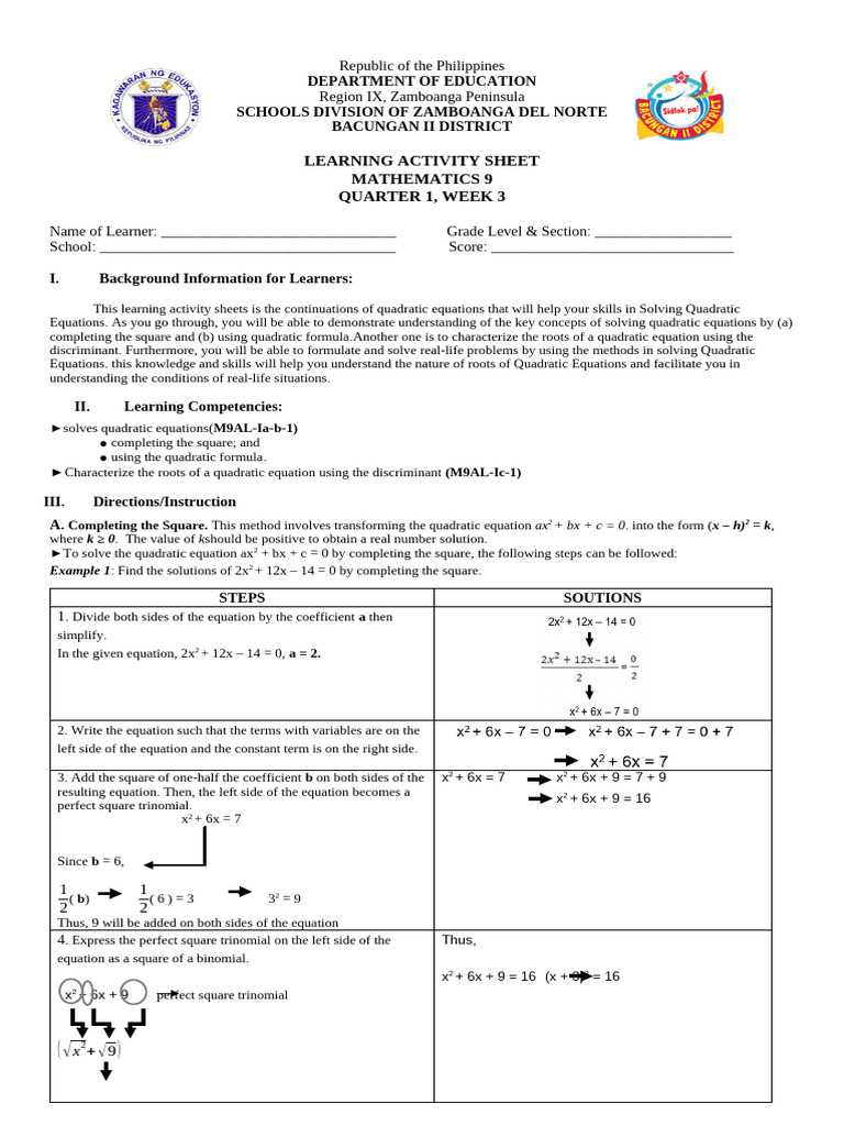 Mathematics 9 LAS Q1 WEEK 3 | PDF | Quadratic Equation | Mathematics