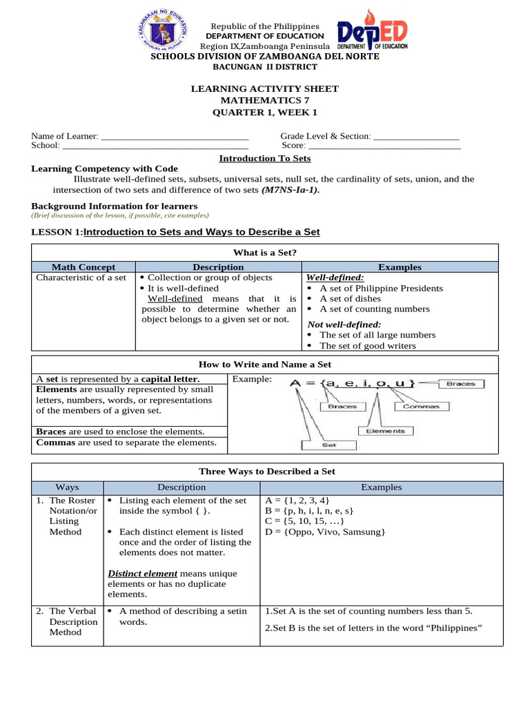 Mathematics 7 LAS Q1 WEEK 1 | PDF | Set (Mathematics) | Teaching Methods & Materials