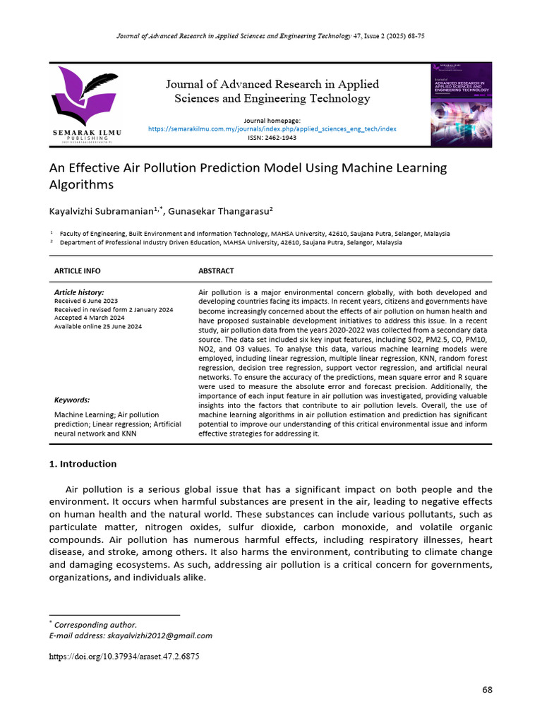 An Effective Air Pollution Prediction Model Using Machine Learning Algorithms | PDF | Machine ...