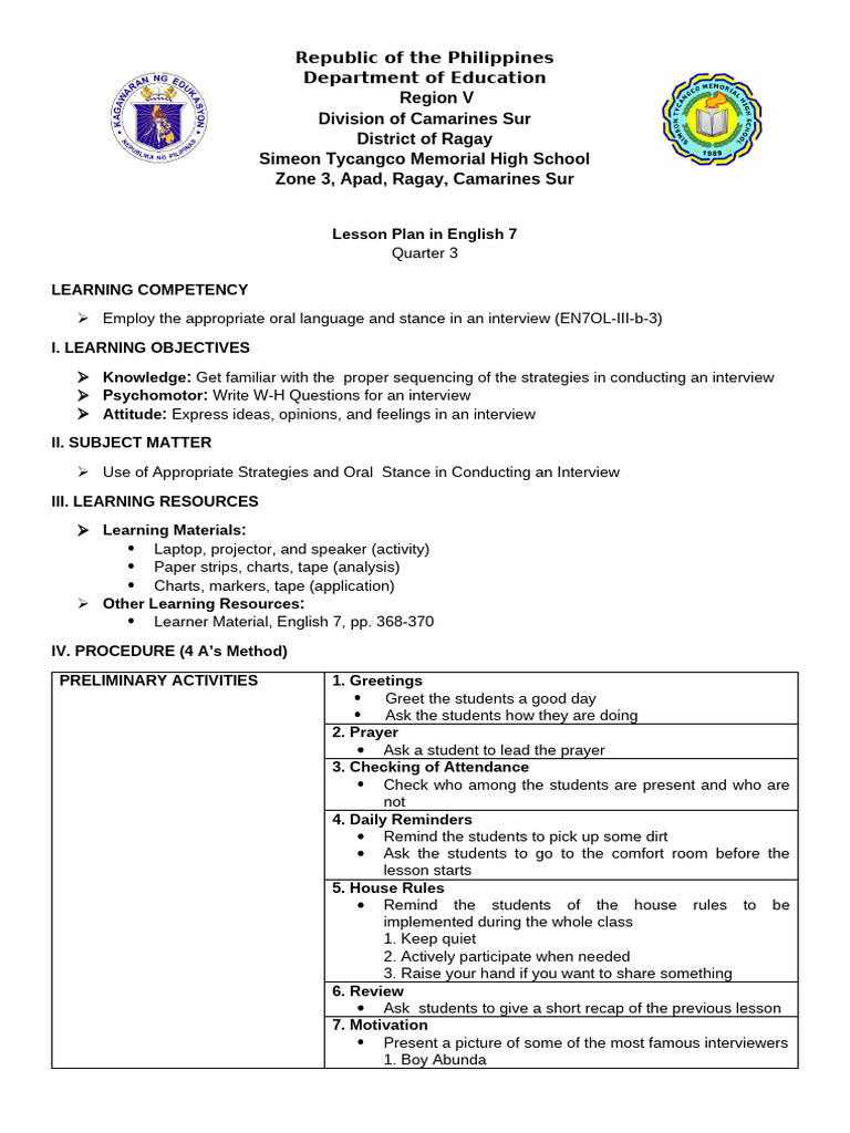 Lesson Plan in English 7 Third Quarter | PDF