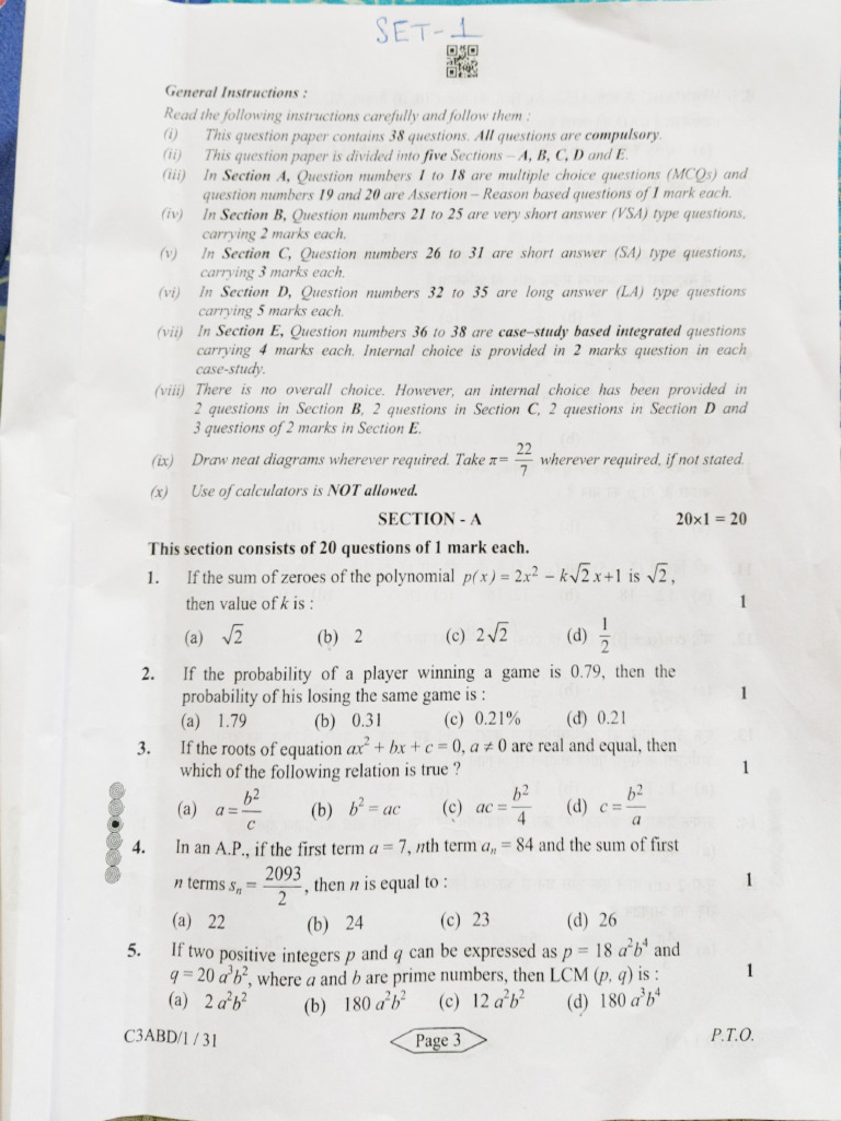 Maths SET - 1 Standard QP | PDF