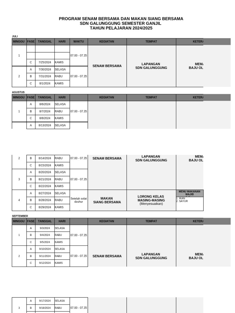 Jadwal Program Senam Dan Makan Siang | PDF