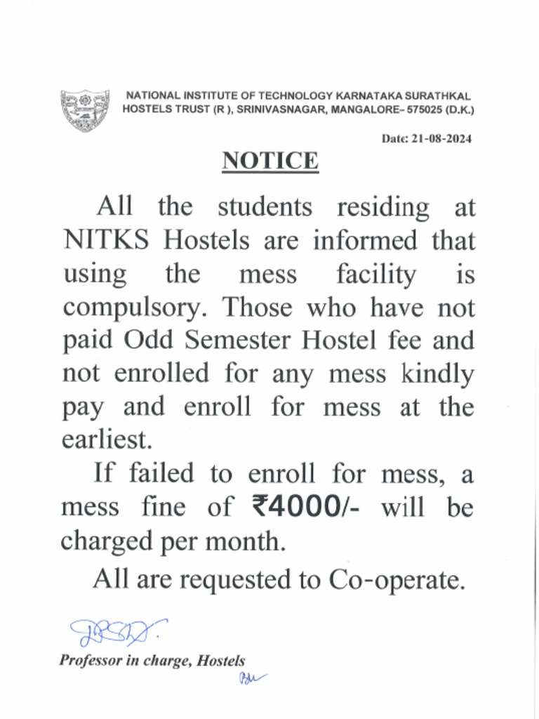 Notice - Mess Enrol - Odd Sem | PDF
